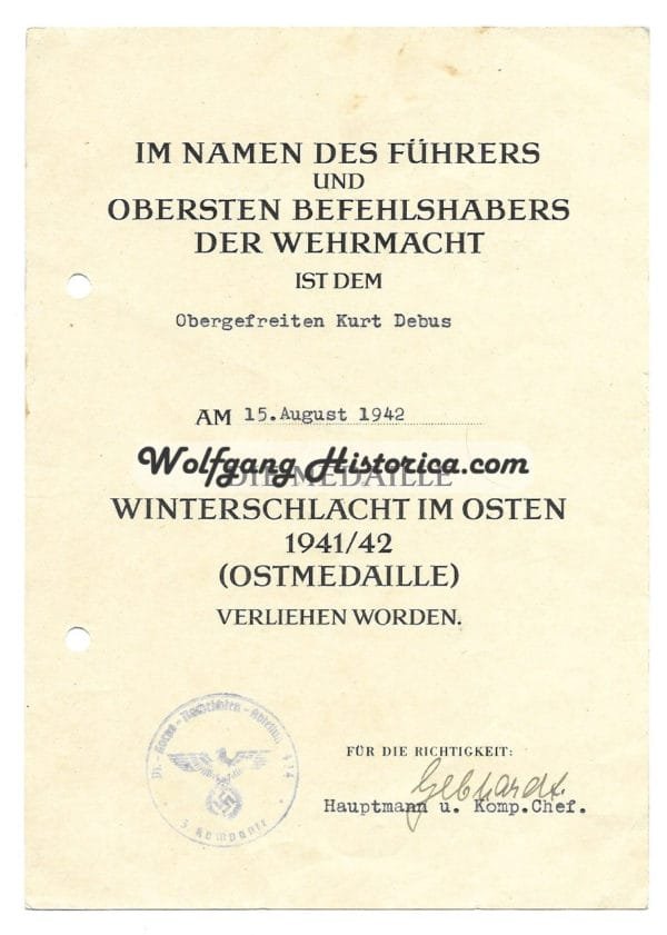Winter War Medal Award Document – Panzerkorps-Nachrichten-Abteilung 424 ...