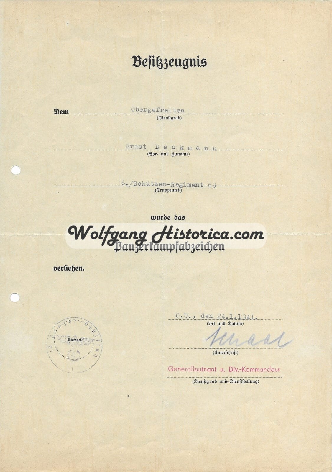 Panzer Assault Badge Award Document – Schützen-Regiment 69 (10.Pz.Div ...