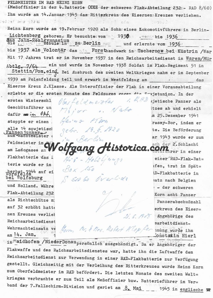 Heinz Korn – schwere Flak-Abteilung 232 (RAD 8/60) – Wolfgang Historica
