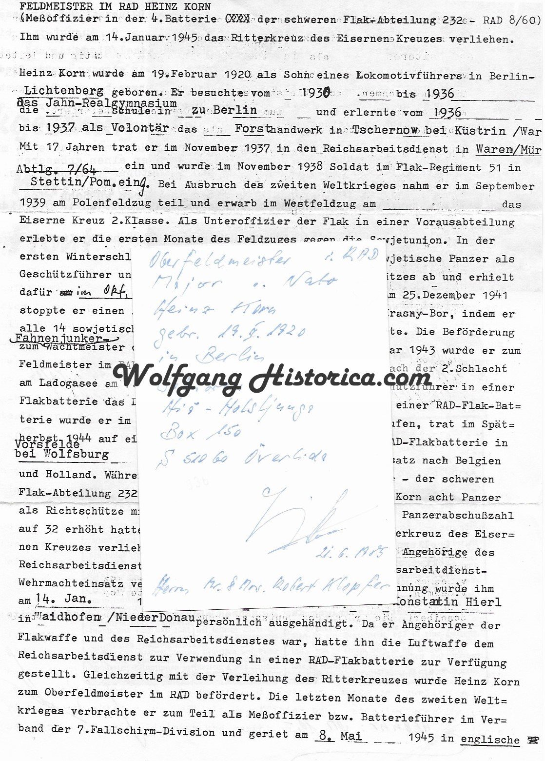 Heinz Korn – schwere Flak-Abteilung 232 (RAD 8/60) – Wolfgang Historica