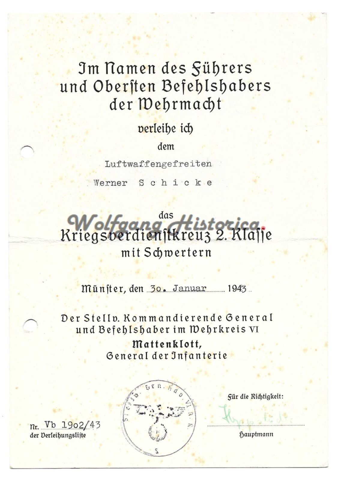 War Merit Cross 2nd Class Award Document – Münster, Wehrkreis VI ...