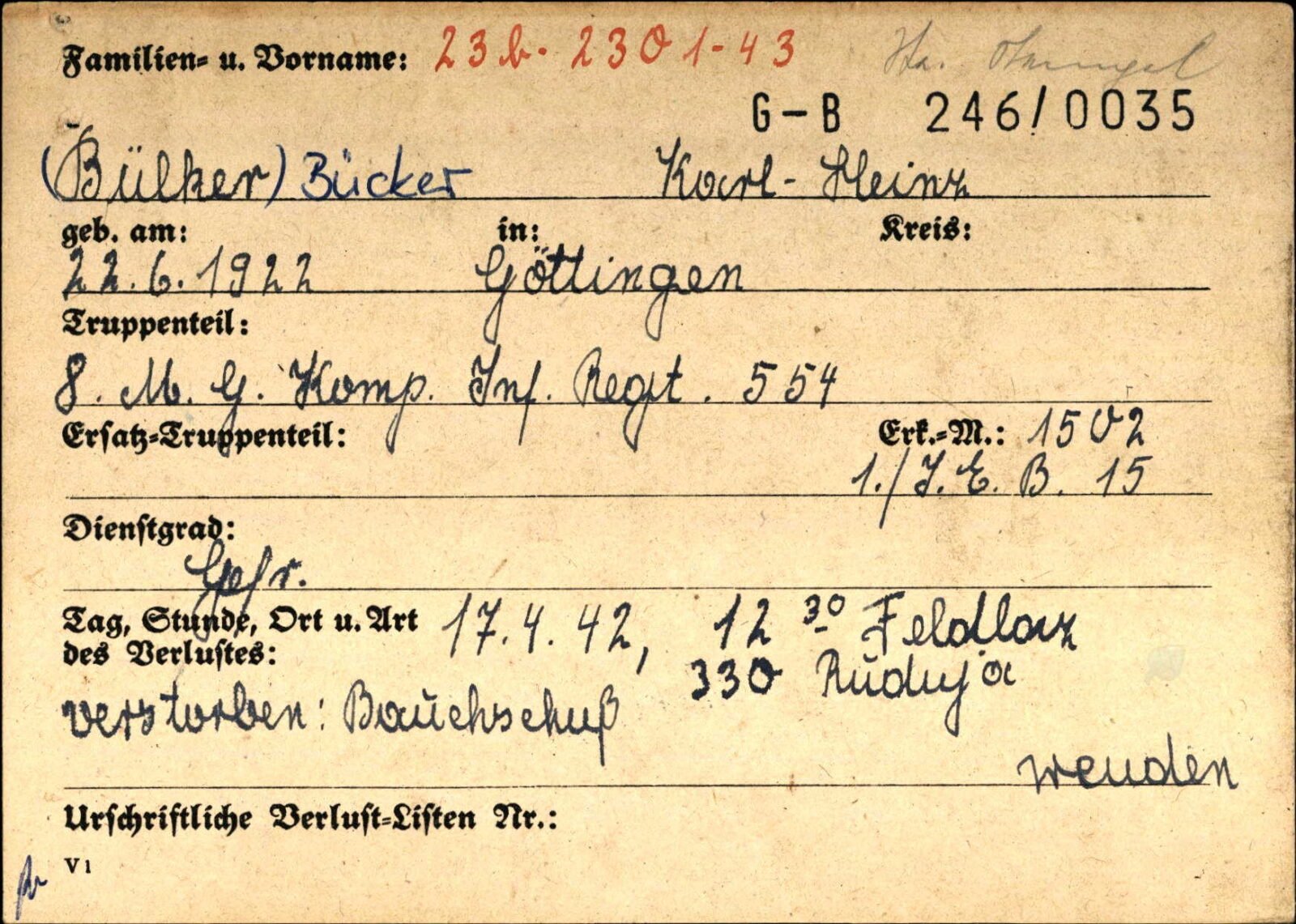 Death notification document for soldier of Infanterie-Regiment 554