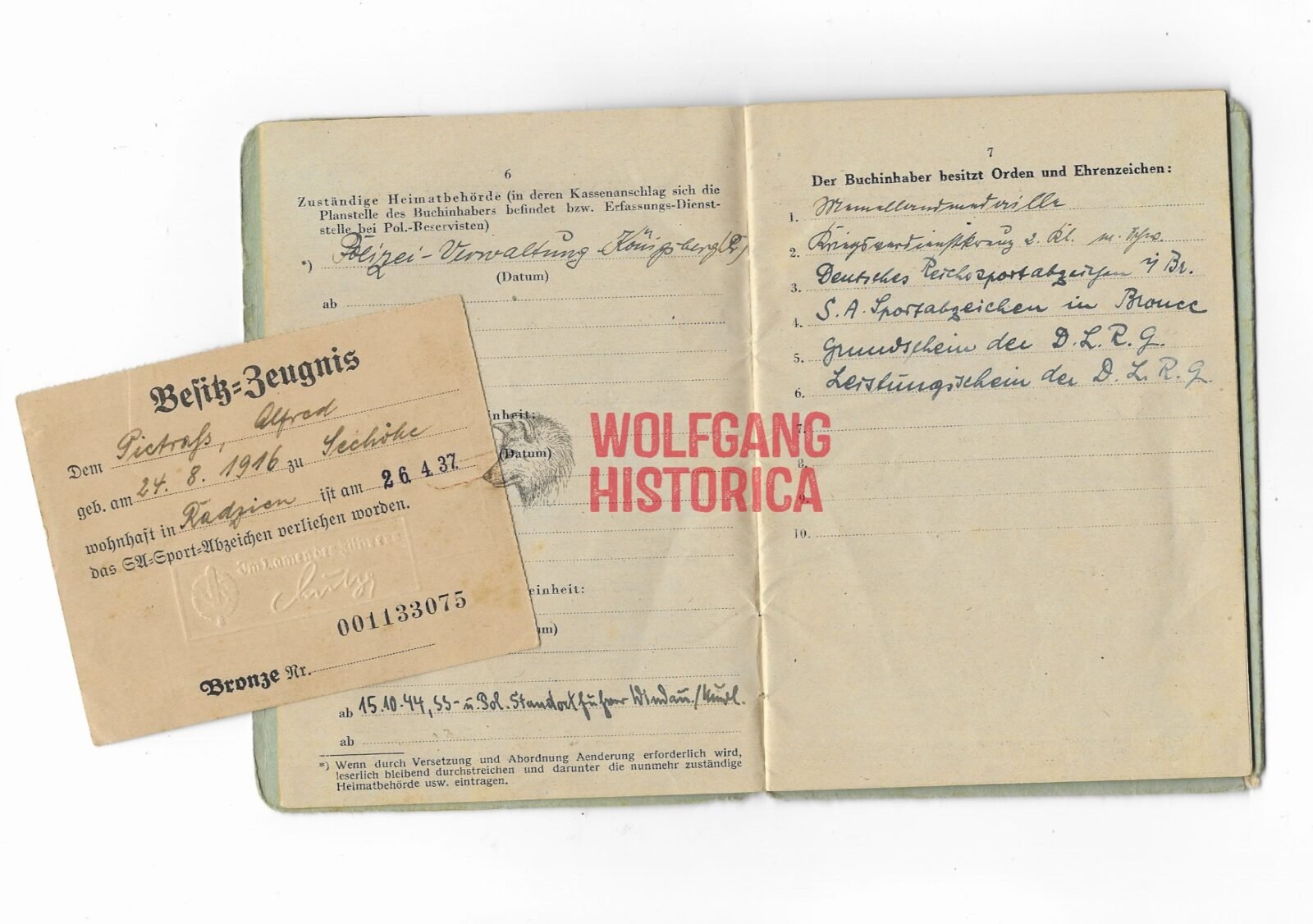 Polizei Soldbuch (Rare Memellandmedaille entry) – Wolfgang Historica