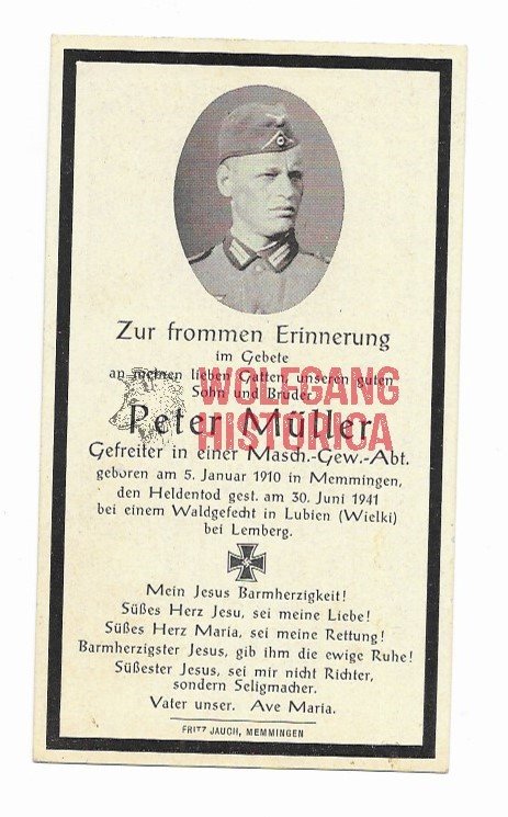 Death Card: KIA June 30, 1941 at Lubien-Wielki – Lemberg (Inf.Rgt.457, 257.Inf.Div.) – Wolfgang ...