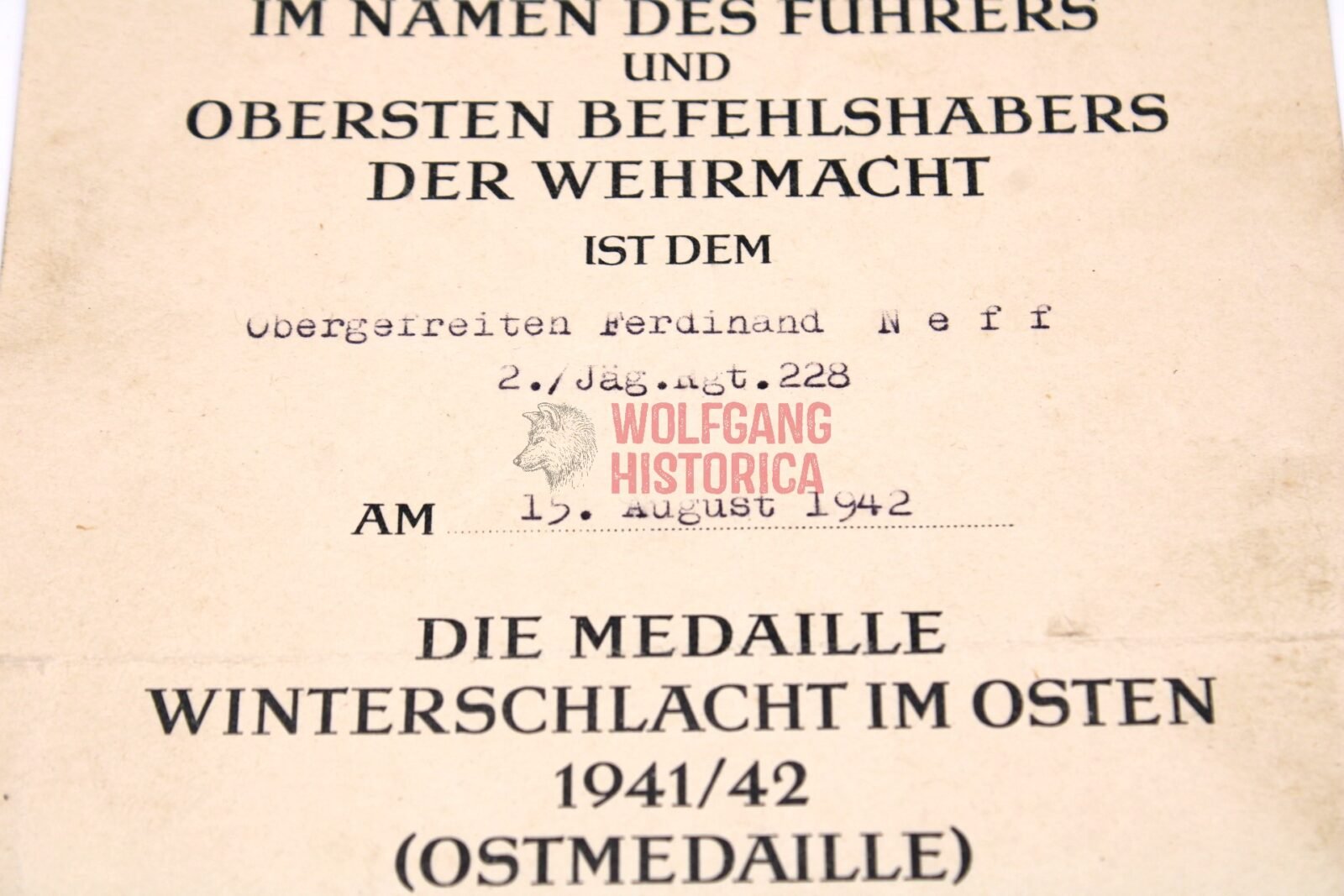 Ostmedaille Award Doc: Jäger-Regiment 228 (101. Jäger-Division ...