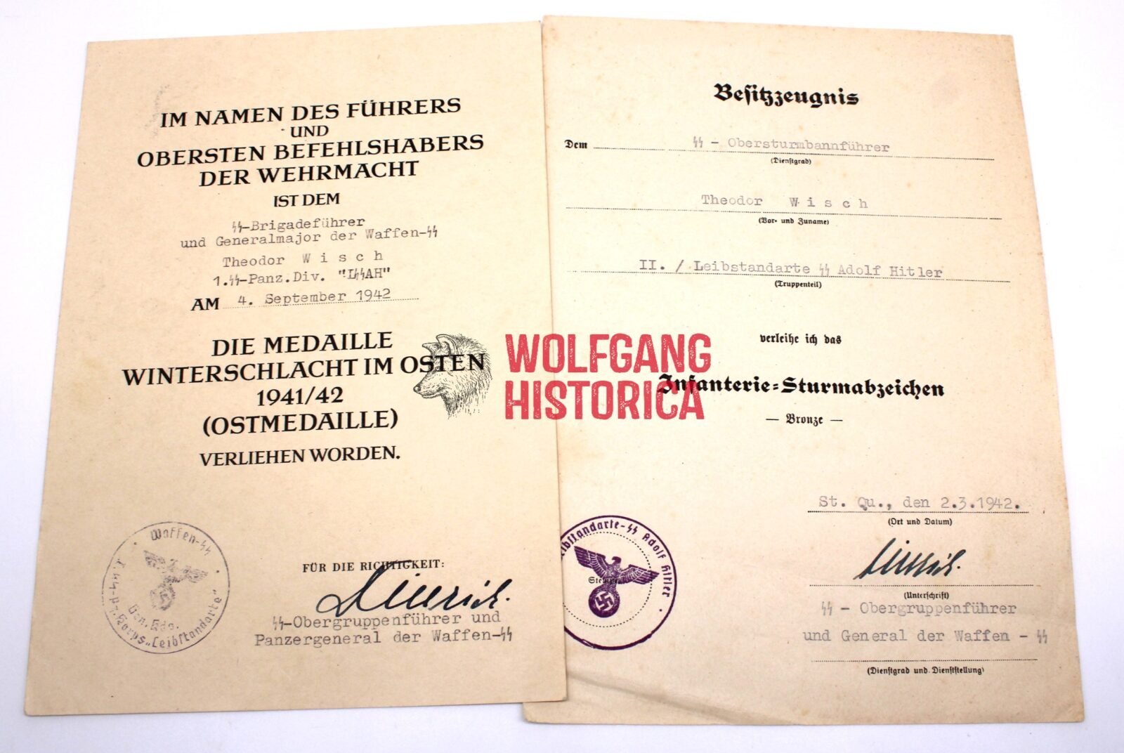 2x Award documents of SS-Brigadeführer und Generalmajor der Waffen-SS ...