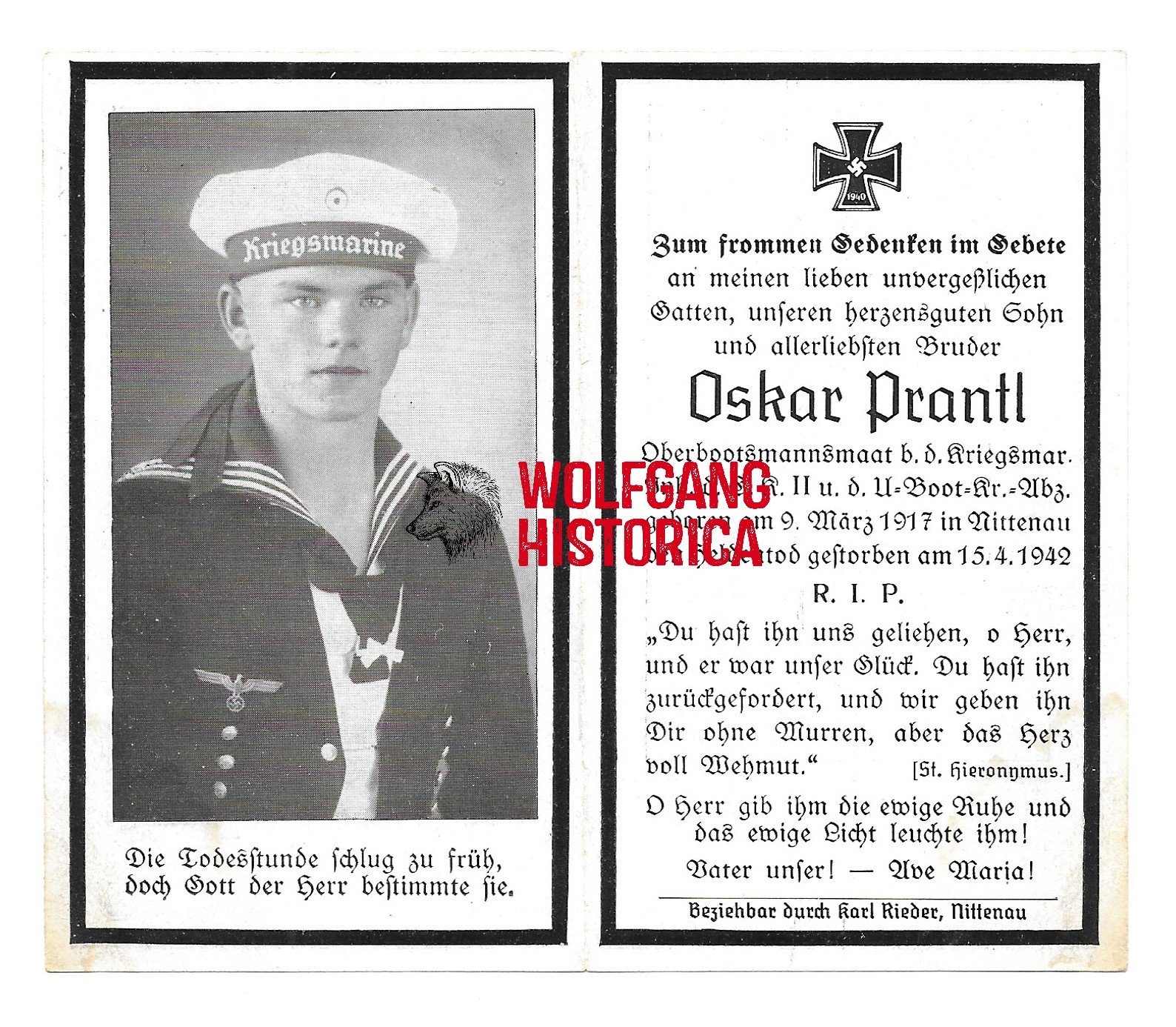 Deathcard of U-Boot Crewmember - U-85 - Wolfgang Historica