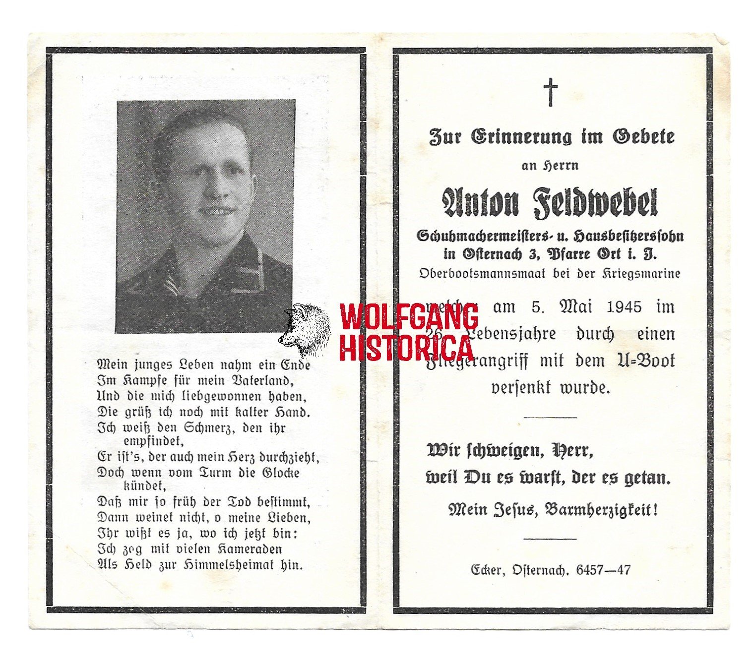 Deathcard of U-Boot Crewmember – U-3523 - Wolfgang Historica