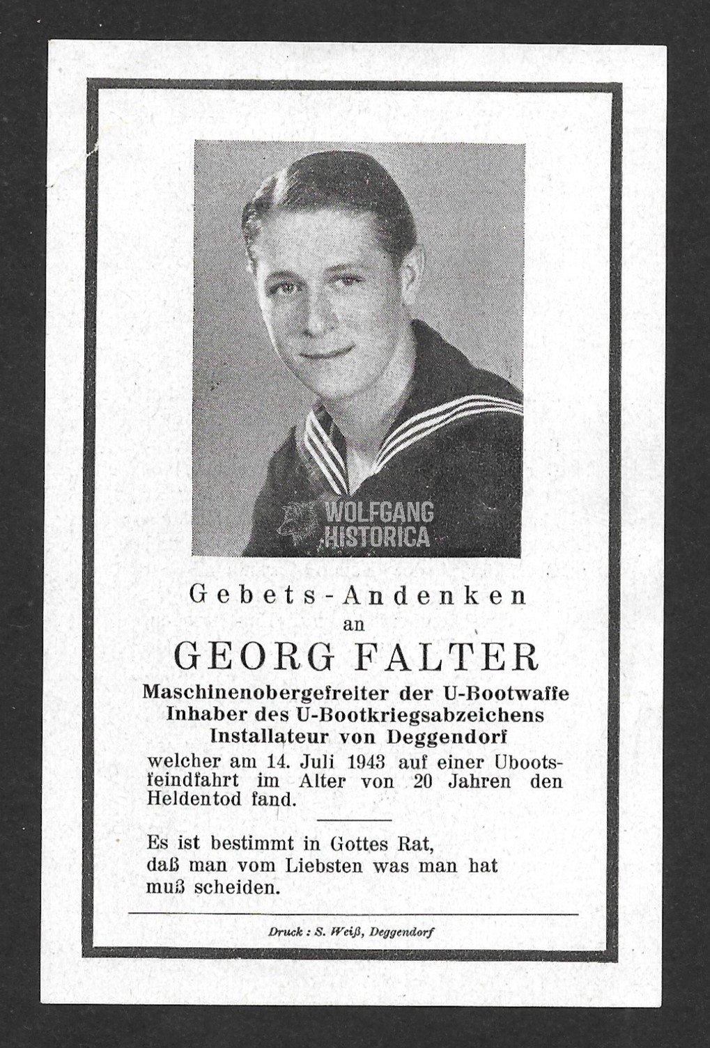 Deathcard of U-Boot Crewmember – U-Boot "U-513" (Sunk by a US Mariner ...