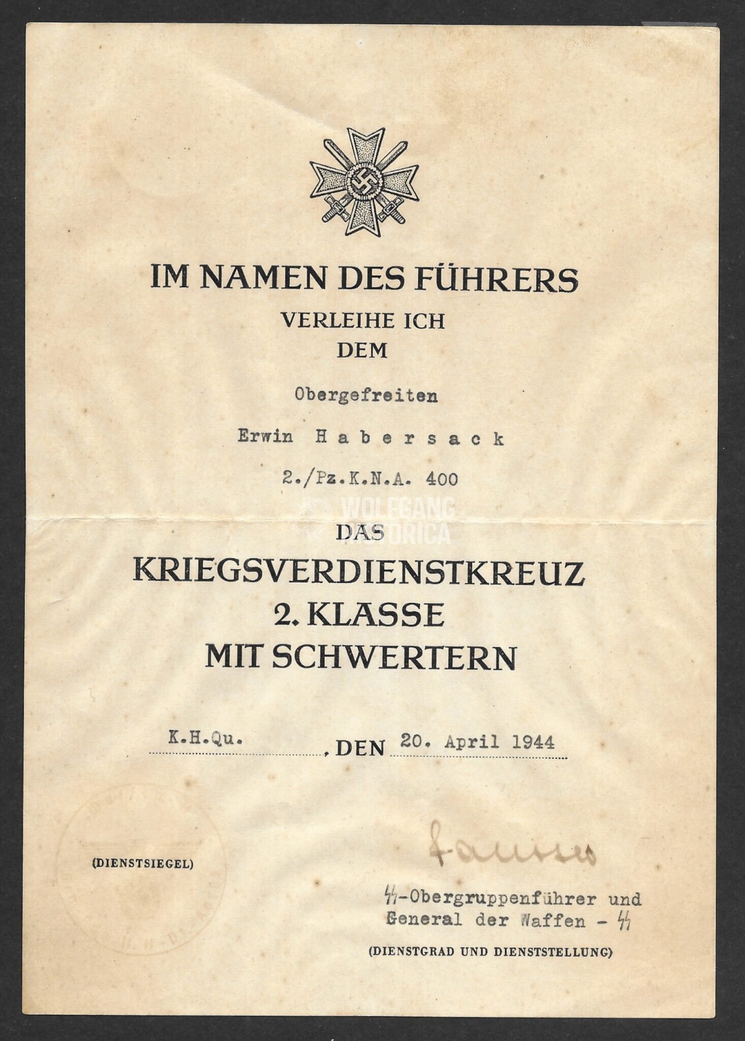 KVK2 Award Doc: Panzerkorps-N.A. 400 (II. SS-Panzerkorps, Signed by SS ...