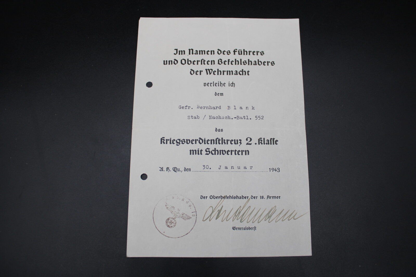KVK2X Award Doc - Signed by Georg Lindemann (RK+EL) - Wolfgang Historica