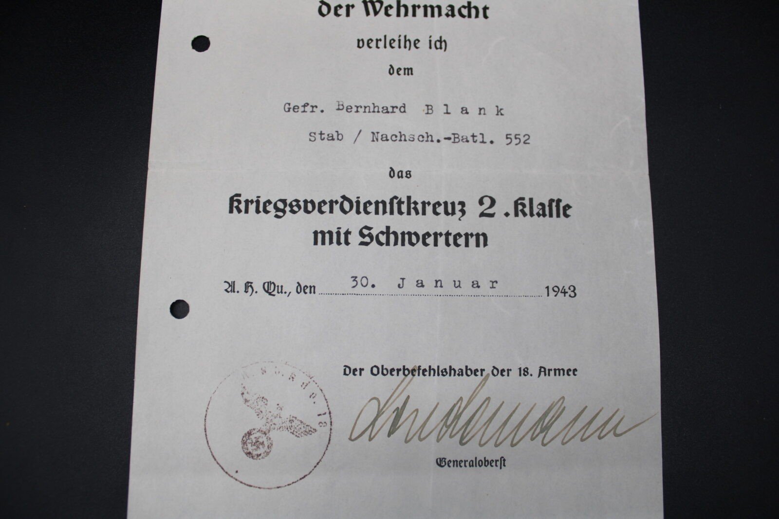 KVK2X Award Doc - Signed by Georg Lindemann (RK+EL) - Wolfgang Historica